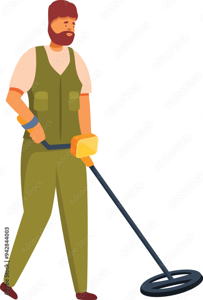 Vector de Stock Treasure hunter is walking in nature, using a metal ...