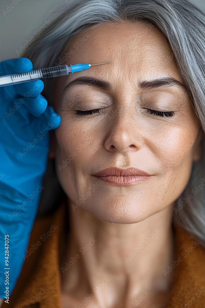 50-year-old woman receives an injection in the forehead. Plasma ...