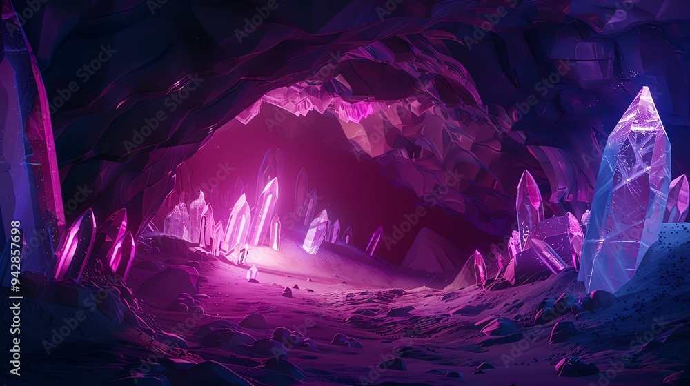 Dark cave with glowing crystals, creating a magical and eerie scene ...