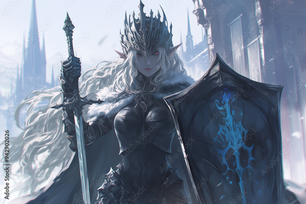 regal elf queen in a dark crown and ornate armor, standing with a large ...