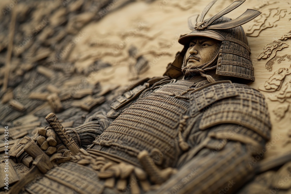 An intricate engraving of a traditional Japanese samurai in full armor ...