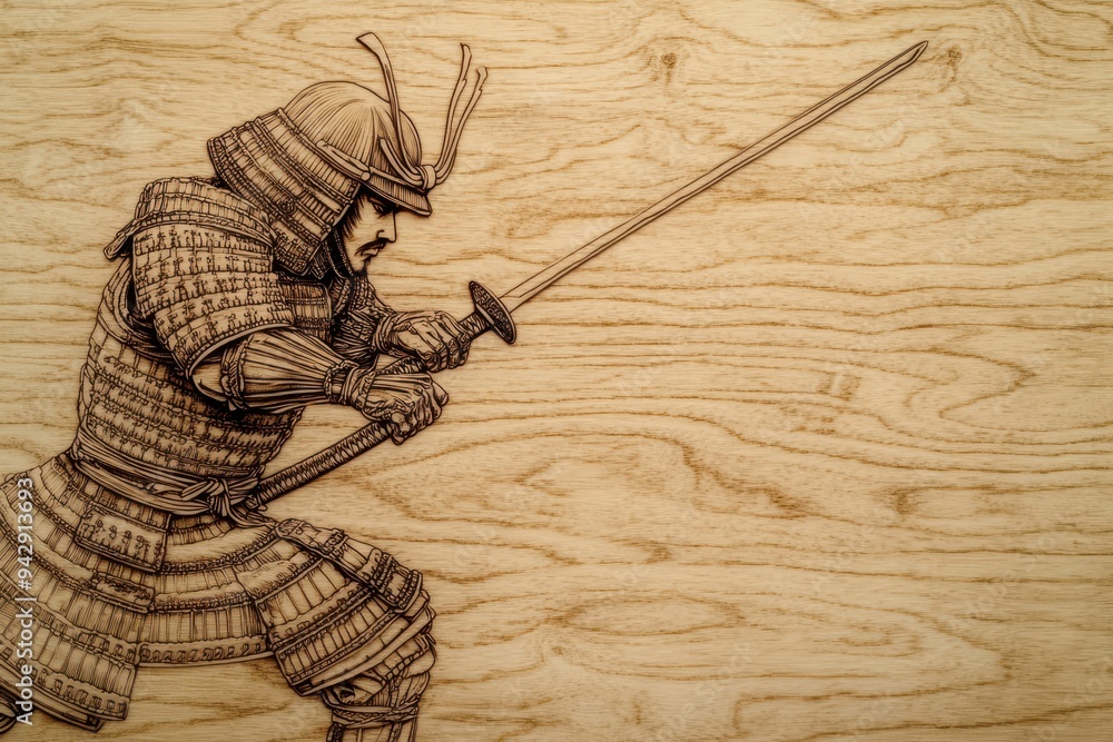 An intricate engraving of a traditional Japanese samurai in full armor ...
