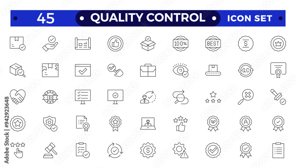 Quality control Outline icon set. Containing inspection, evaluation ...
