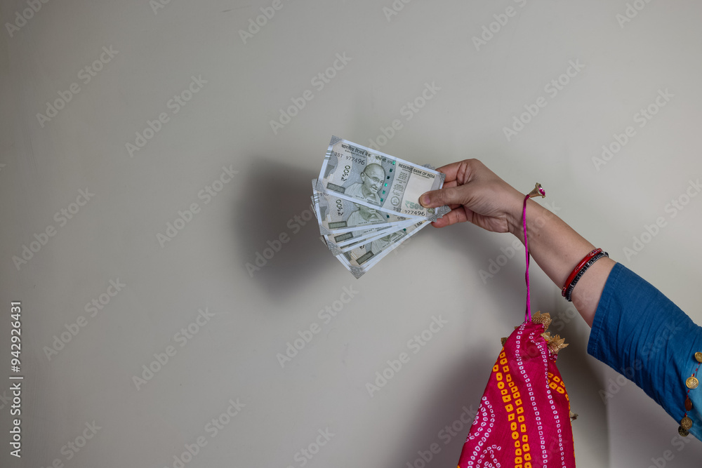 Indian currency with 500 rupees indian note in hand with plain ...