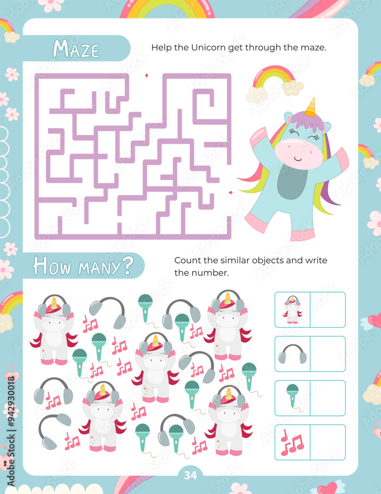 Activity Pages for Kids. Printable Activity Sheet with Unicorn ...