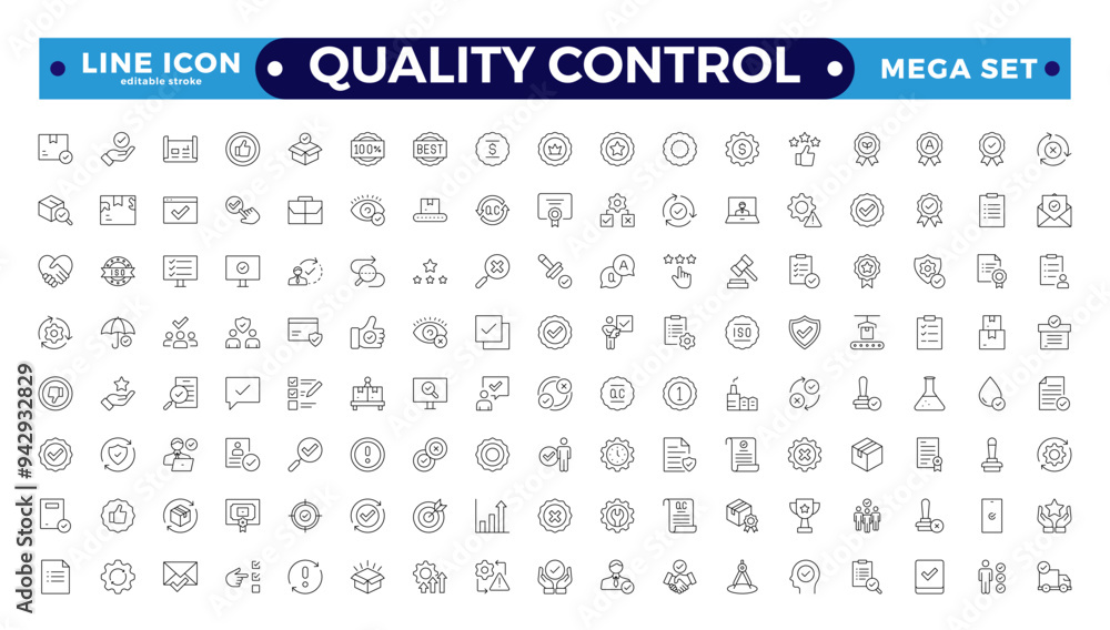 Quality control Outline icon set. Containing inspection, evaluation ...