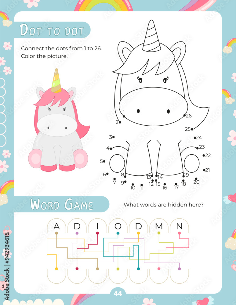 Activity Pages for Kids. Printable Activity Sheet with Unicorn ...