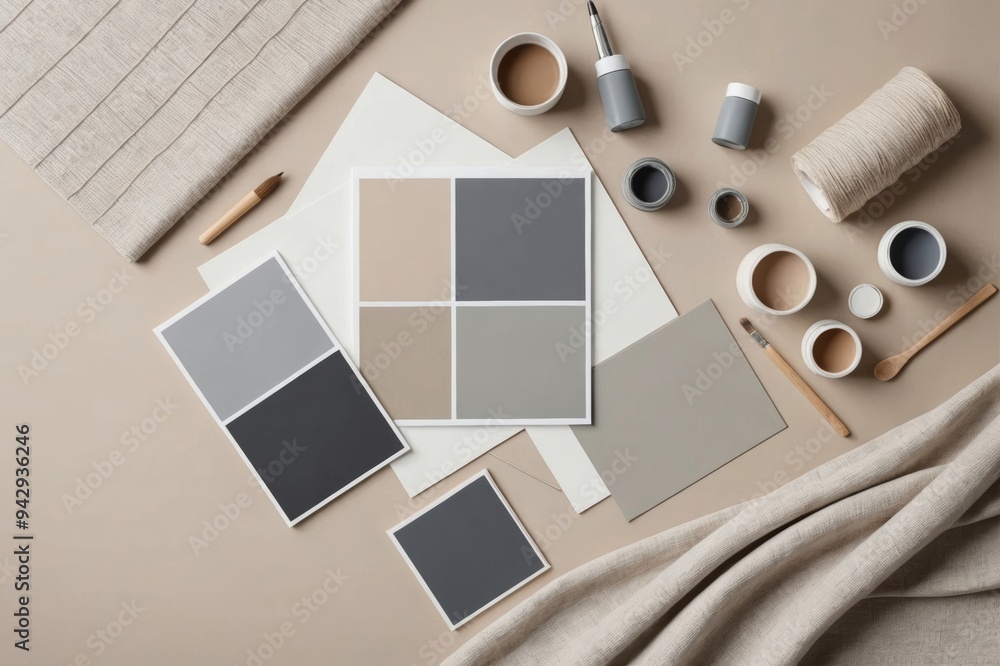 Stylish flat lay composition in beige and gray color palette with ...