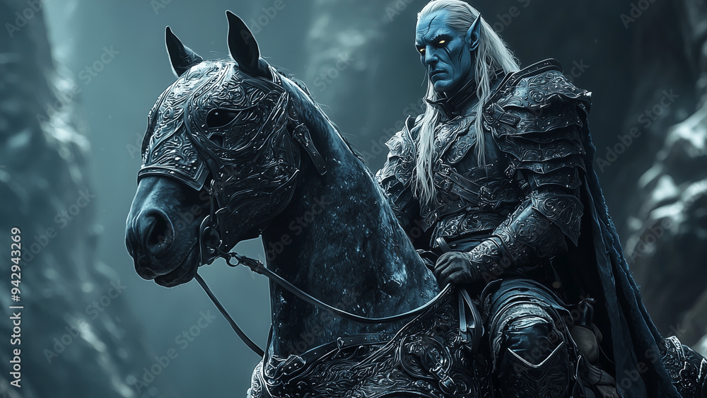 drow warrior clad in dark armor riding a majestic warhorse in a shadowy ...