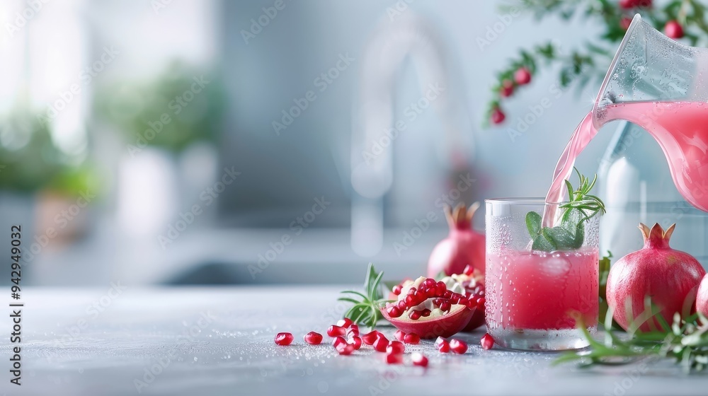 Stylish kitchen with pomegranate juice pouring from pitcher, fresh ...