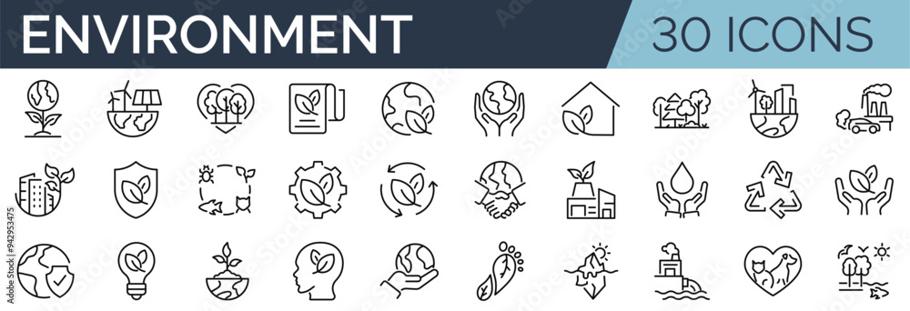 Set of 30 outline icons related to environment. Linear icon collection ...