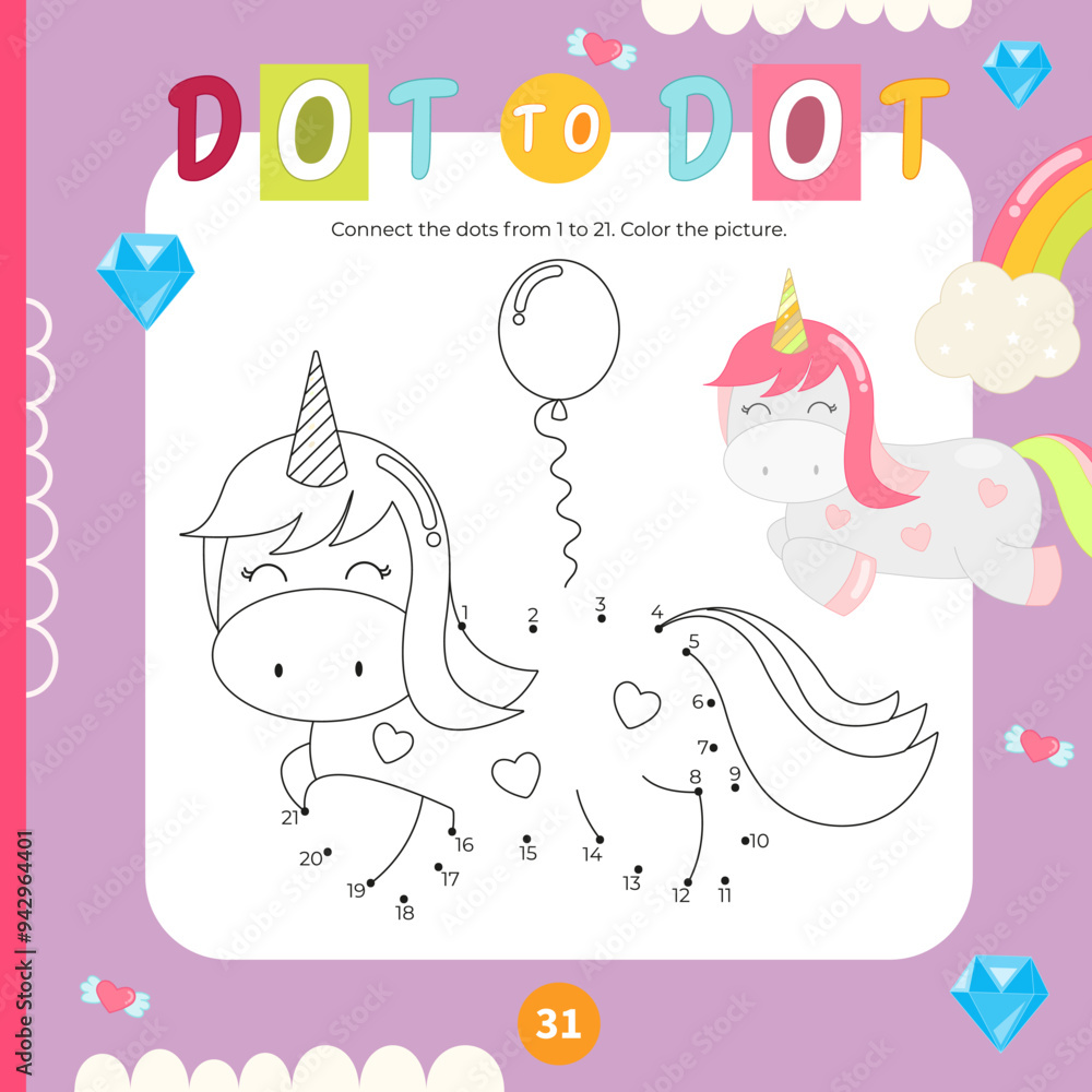Vector de Stock Cute Unicorn activities for kids. Dot to dot game ...