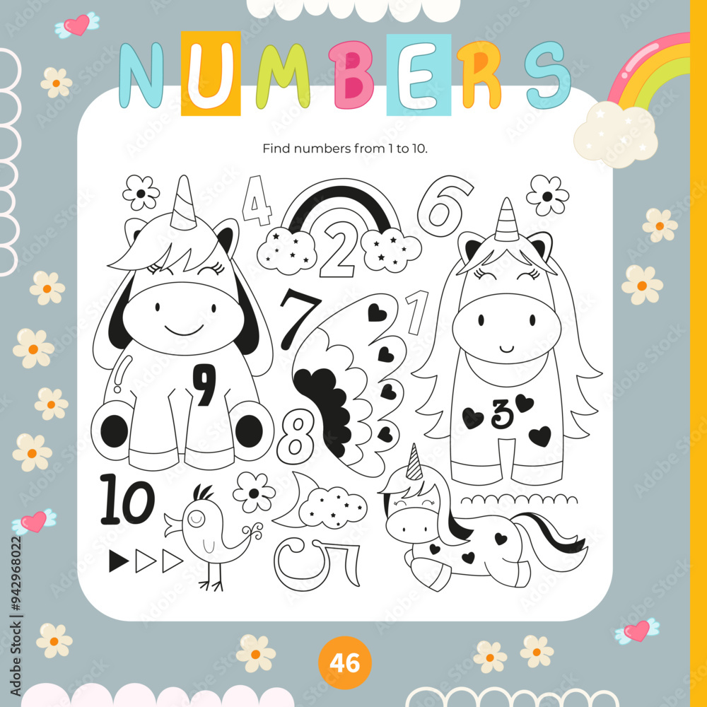 Unicorn math activities for kids. Find numbers from 1 to 10. Vector ...