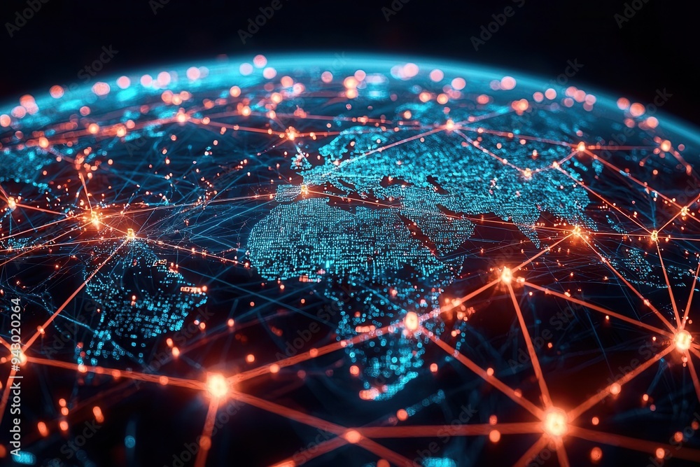 Encrypted data packets traveling through a digital network, visualized as glowing, secure ...