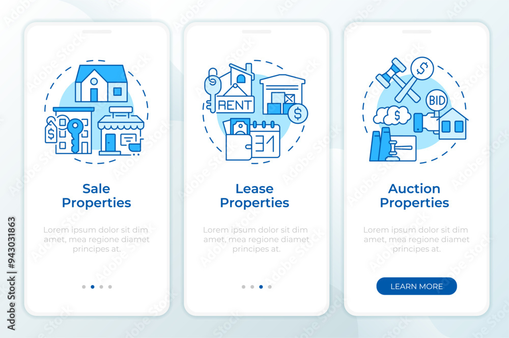Property status blue onboarding mobile app screen. Real estate ...