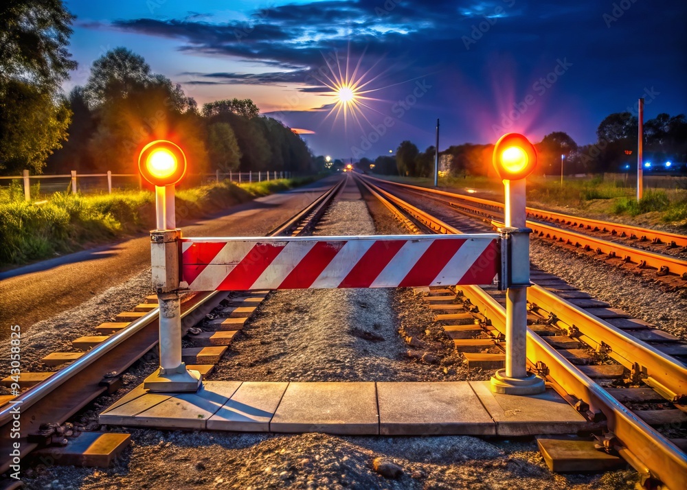 a photo image of a railway safety barrier with a warning sign and ...