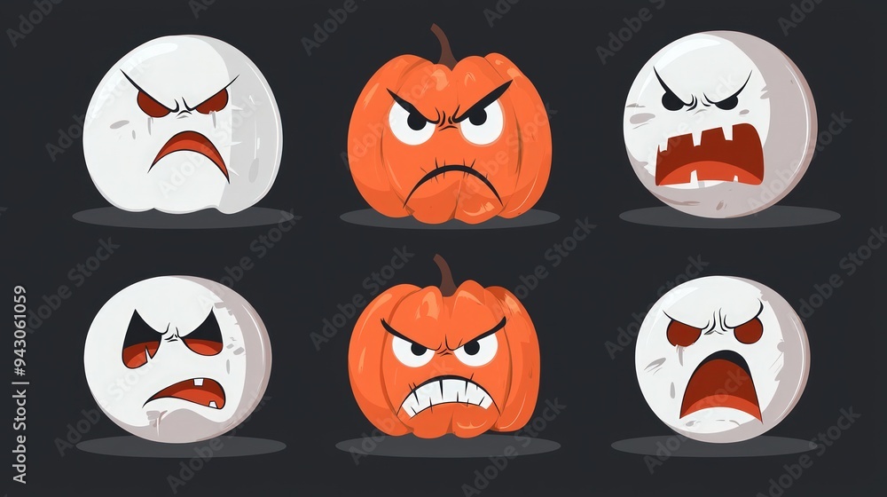 Ilustración de Stock Icons of frowning faces in a flat cartoon style ...