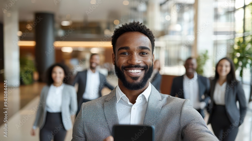 Multinational team taking a selfie in a contemporary office lobby, corporate diversity, global ...