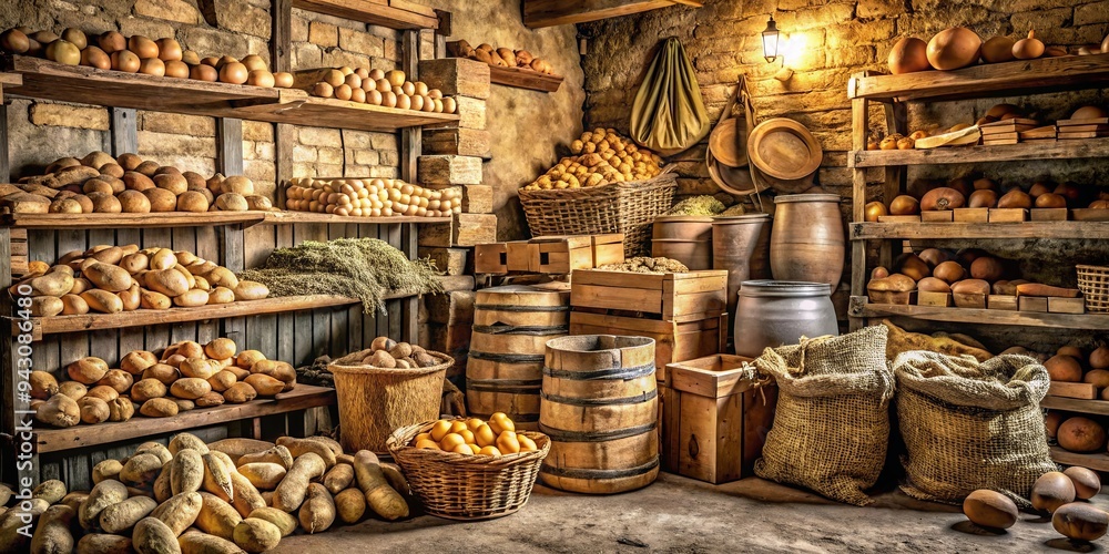 Rustic storage room with stacks of burlap sacks filled with fresh ...