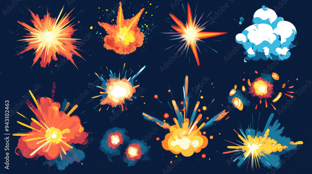 Cartoon explosion and spark effects set. Vector illustrations of comic ...