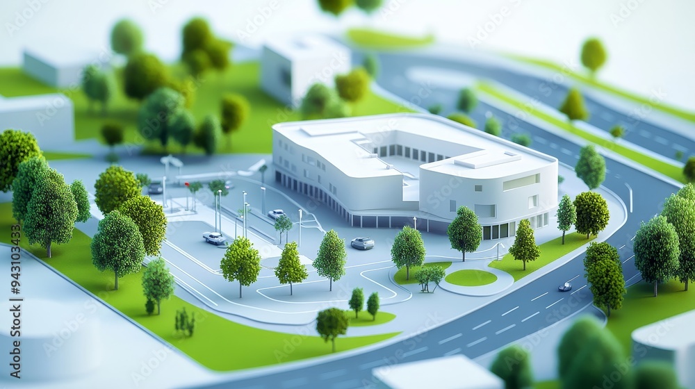 A miniature model of a modern building surrounded by trees and roads ...