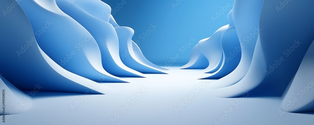 Abstract blue ice cave with a narrow pathway leading to the center ...