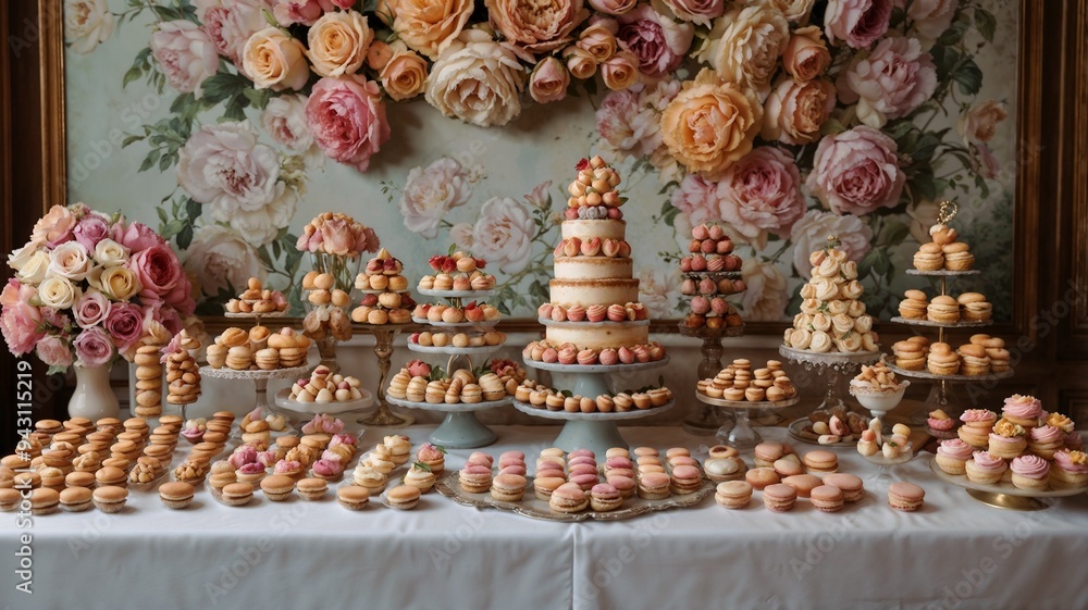 This stunning dessert display features an array of delicate macarons ...