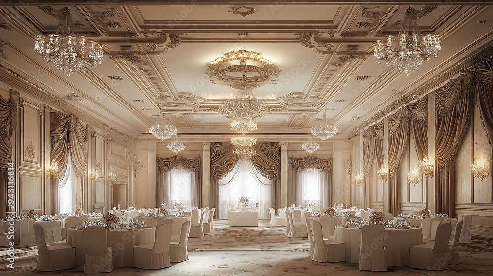Grand Ballroom with Ornate Ceiling Details, Soft Color Palette, and ...