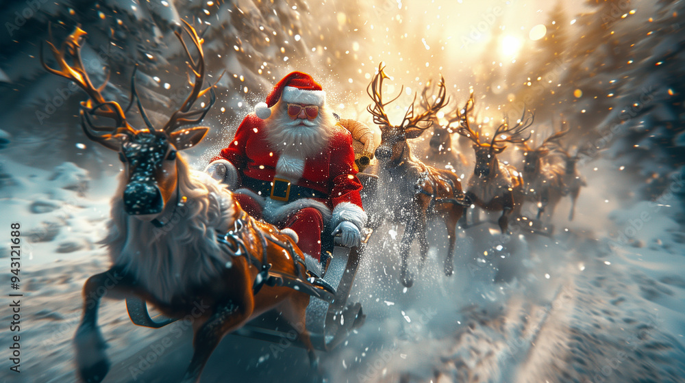 Santa Claus driving a sleigh with reindeer through a snowy forest ...