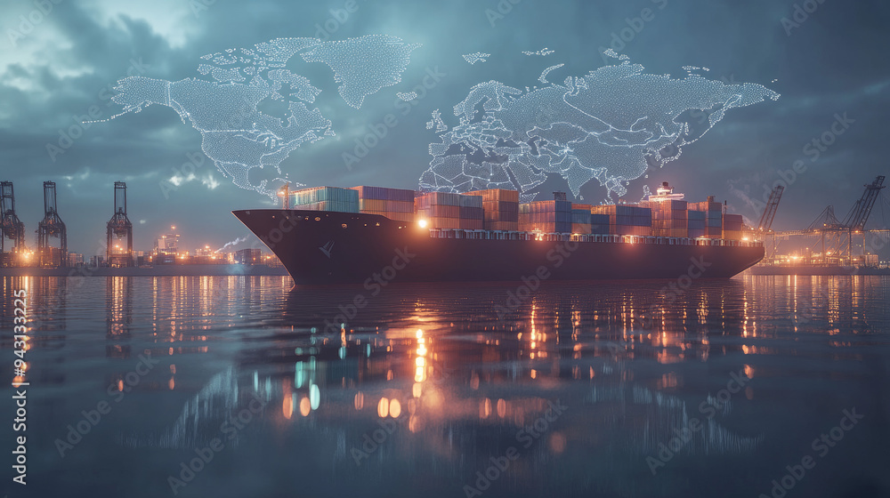 Global map featuring a logistics network distribution overlaid on a ...