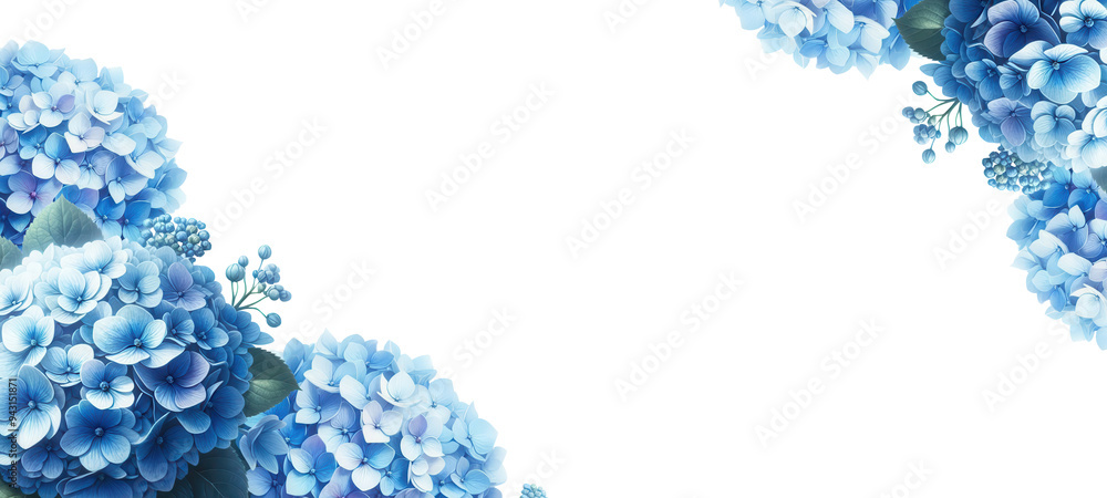 Blue hydrangea borders on a white background with copy space for adding ...