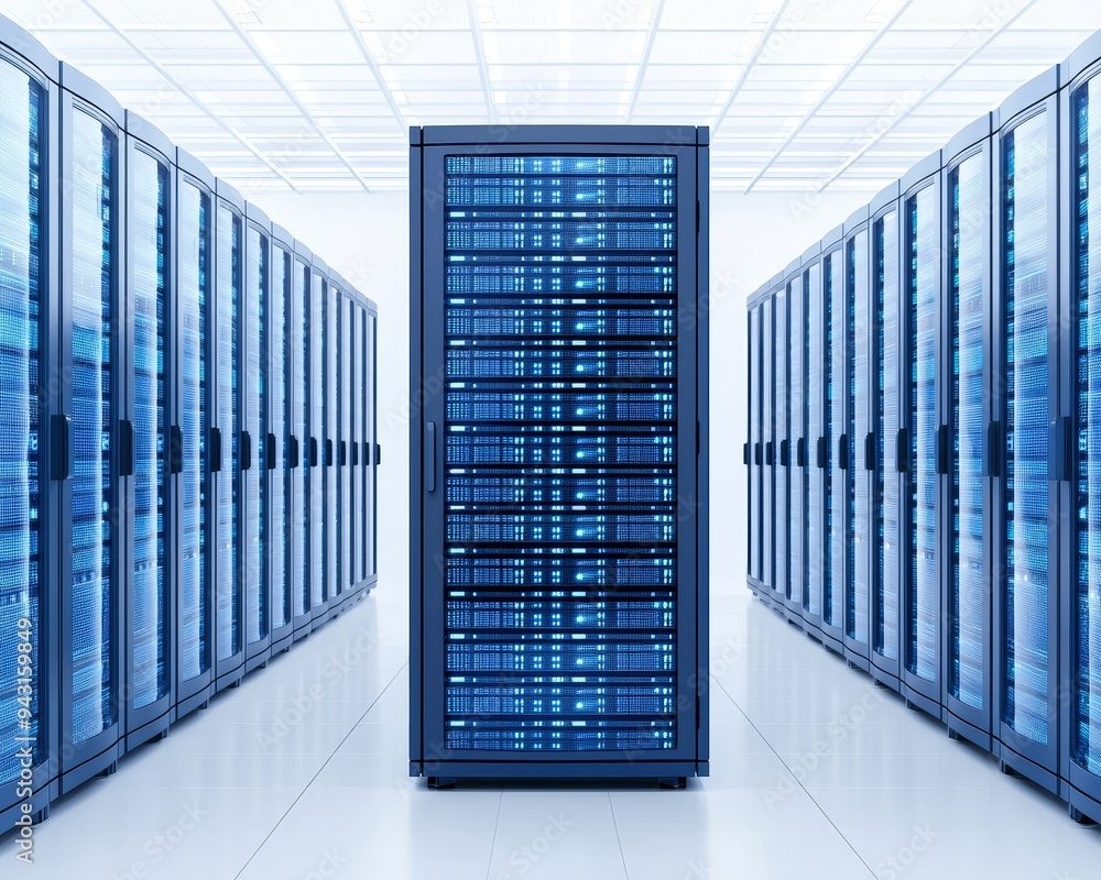 Rows of server racks in a data center. Aisle between rows of servers ...
