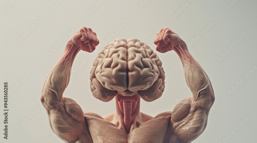A surreal image depicting a human brain on a muscular body, flexing its ...