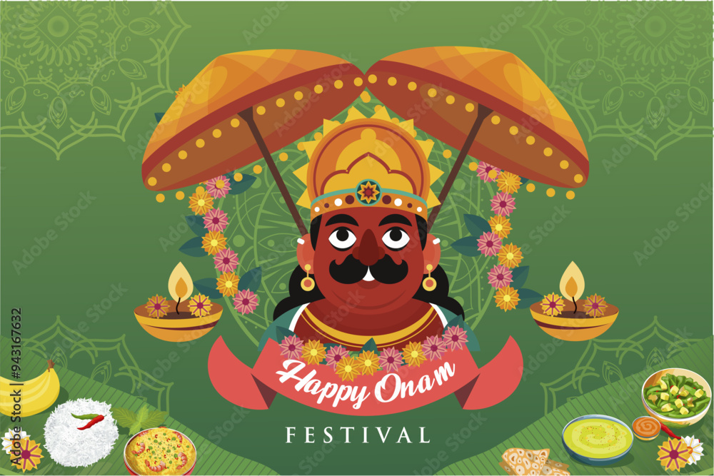 Happy Onam festival with Mahabali illustration on green onam sandhya ...