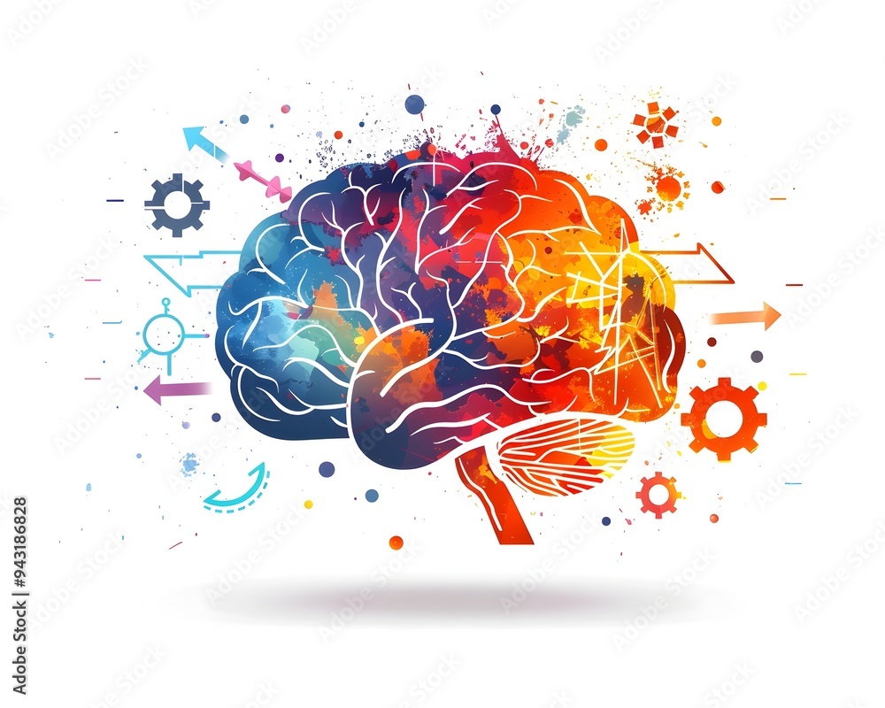 Stylized Brain with Lightning Bolts and Gears Representing Powerful ...