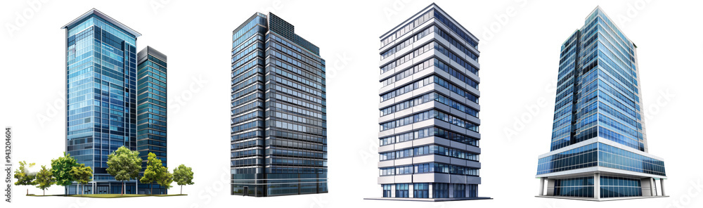 Collection of tall office building realistic image on white or ...