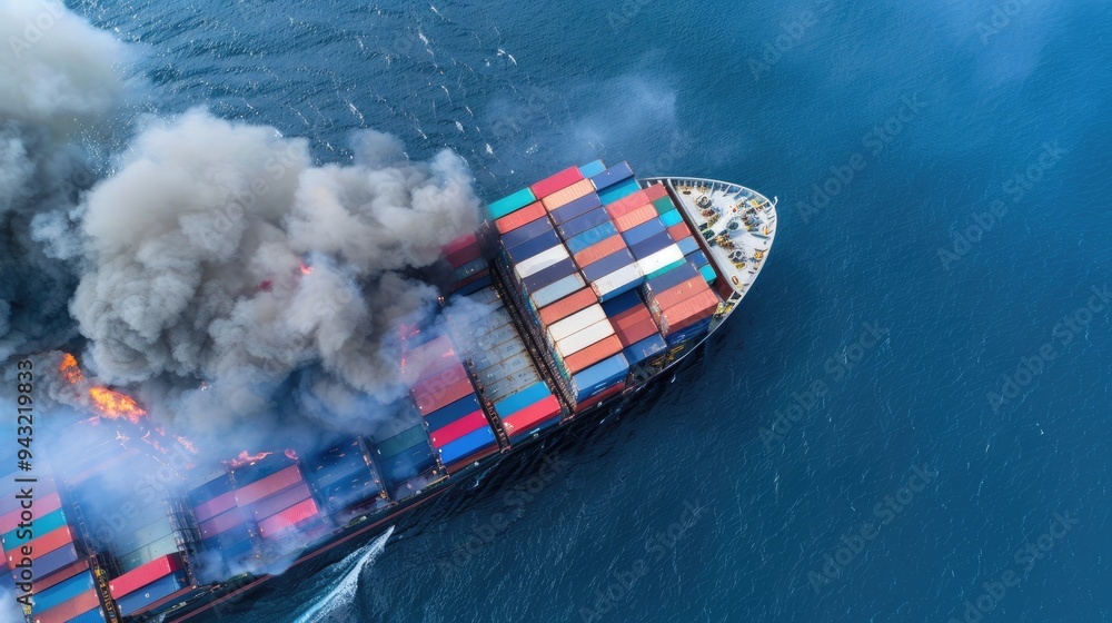 A large cargo ship burns in the ocean, with thick smoke rising from the engine room. The vessel ...