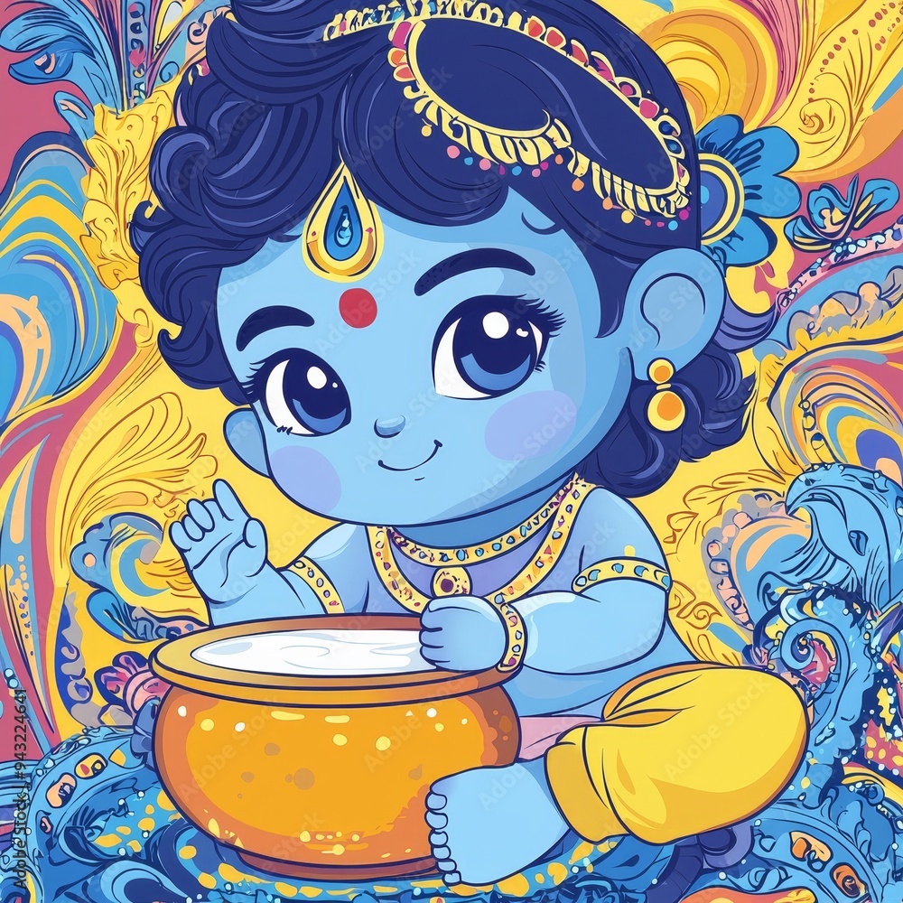 An adorable baby Krishna with a dahi handi. Cartoon character depicting ...