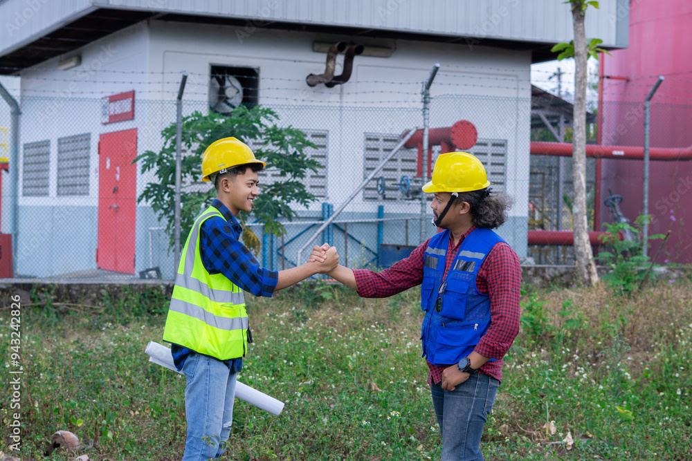 two Asian construction workers in full uniform high-five each other ...