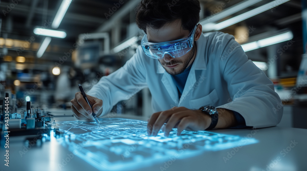 A photo of an engineer wearing smart glasses and drawing on a ...