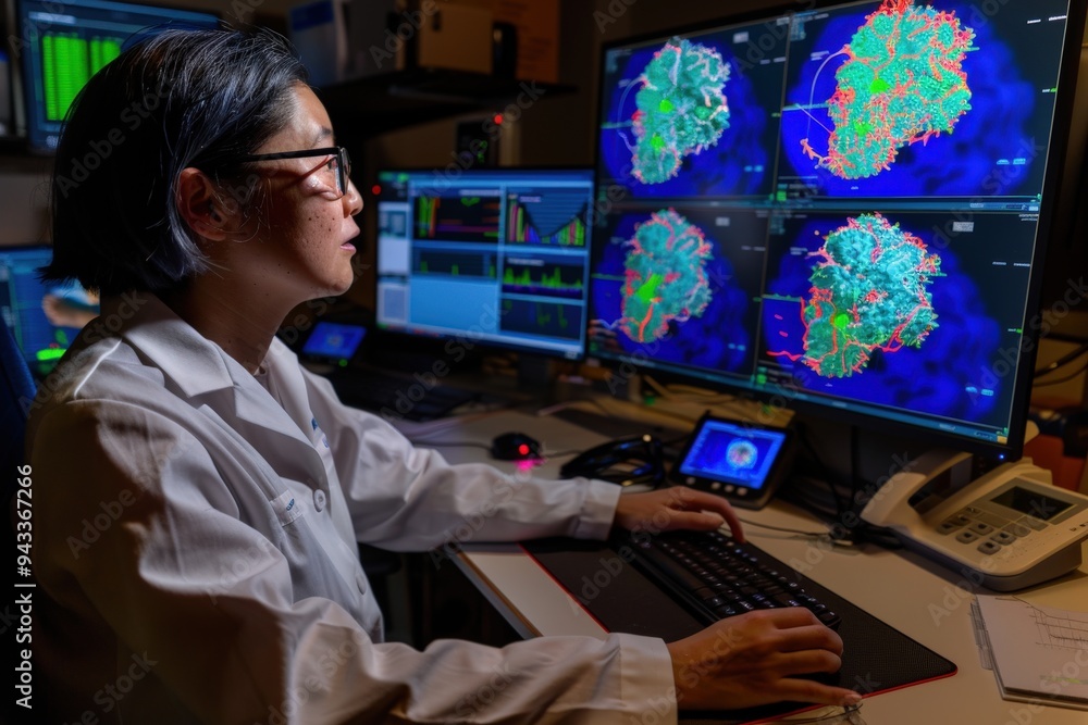 Female scientist in white lab coat analyzes neural network data on computer screens with ...