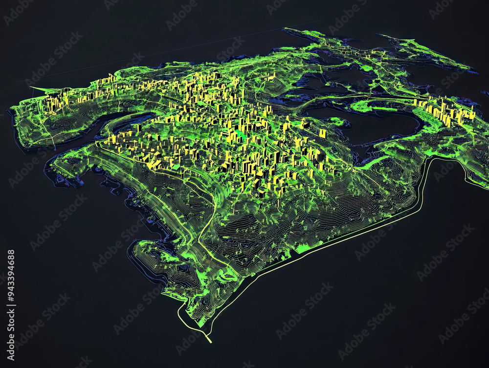 Technical aerial visual, 3D LiDAR GIS aerial map satellite scan model ...