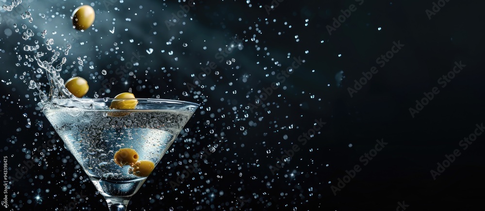 Classic dry martini cocktail with green olives on a black background ...