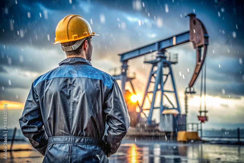 Oil production. An oil well and a man in work clothes and a ...