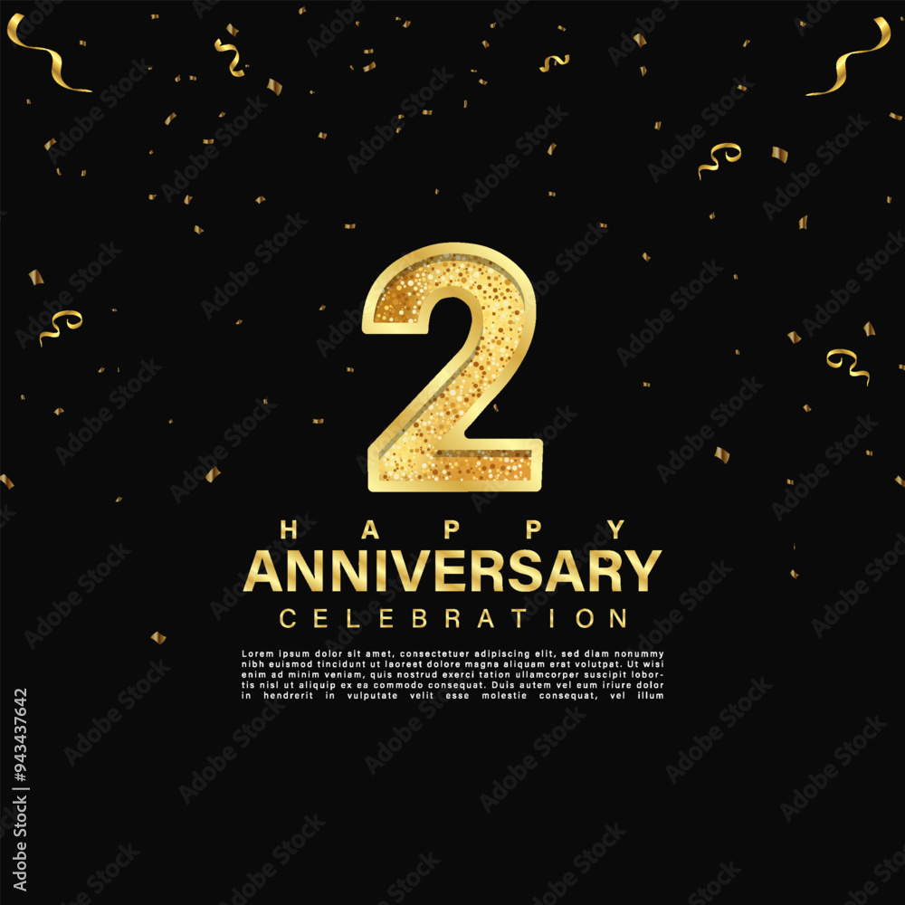 2nd anniversary celebration emblem. Gold anniversary logo isolated on dark black gradient ...