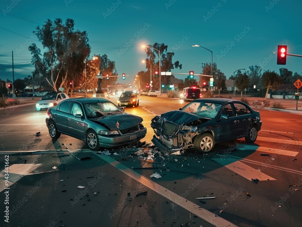 Serious traffic accident at an intersection with traffic lights Stock ...
