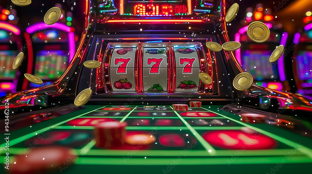 Casino slot machine with spinning reels and drifting coins, displayed ...