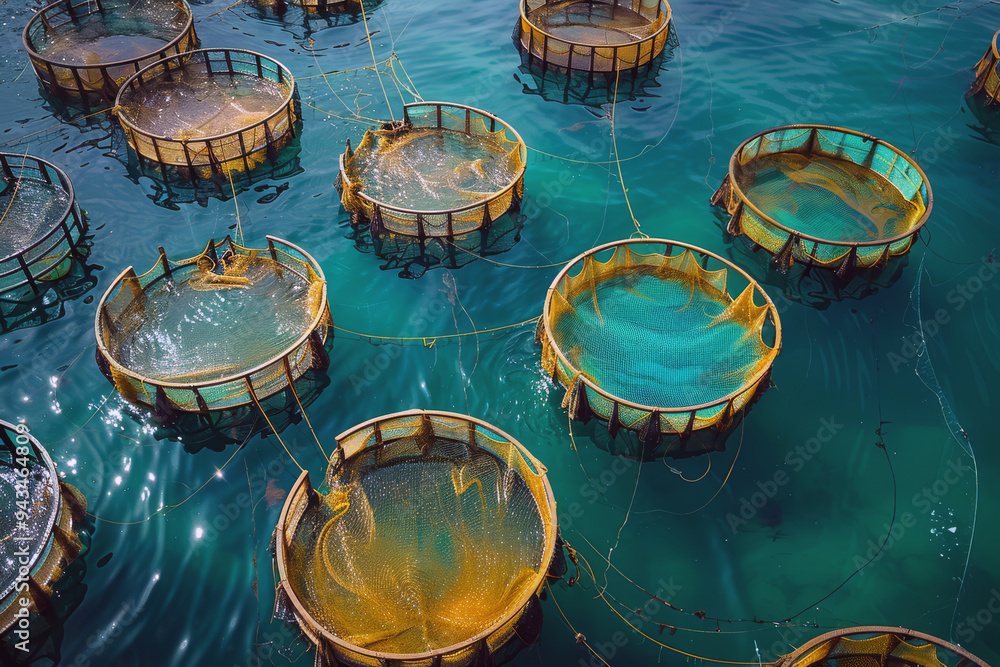 Offshore aquaculture thrives along the coastline, with submerged cages ...