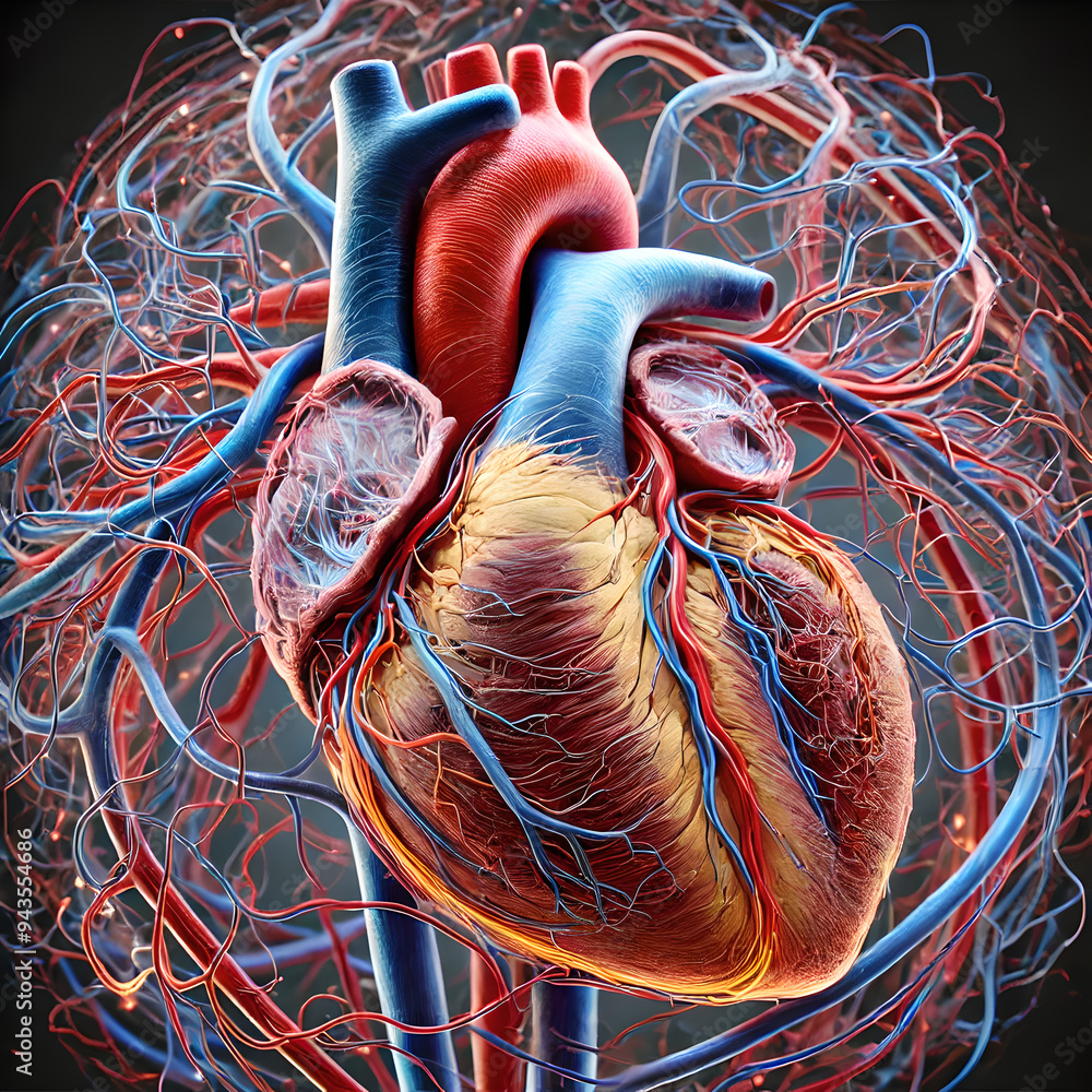 3D image of a human heart with vascular network, including coronary ...