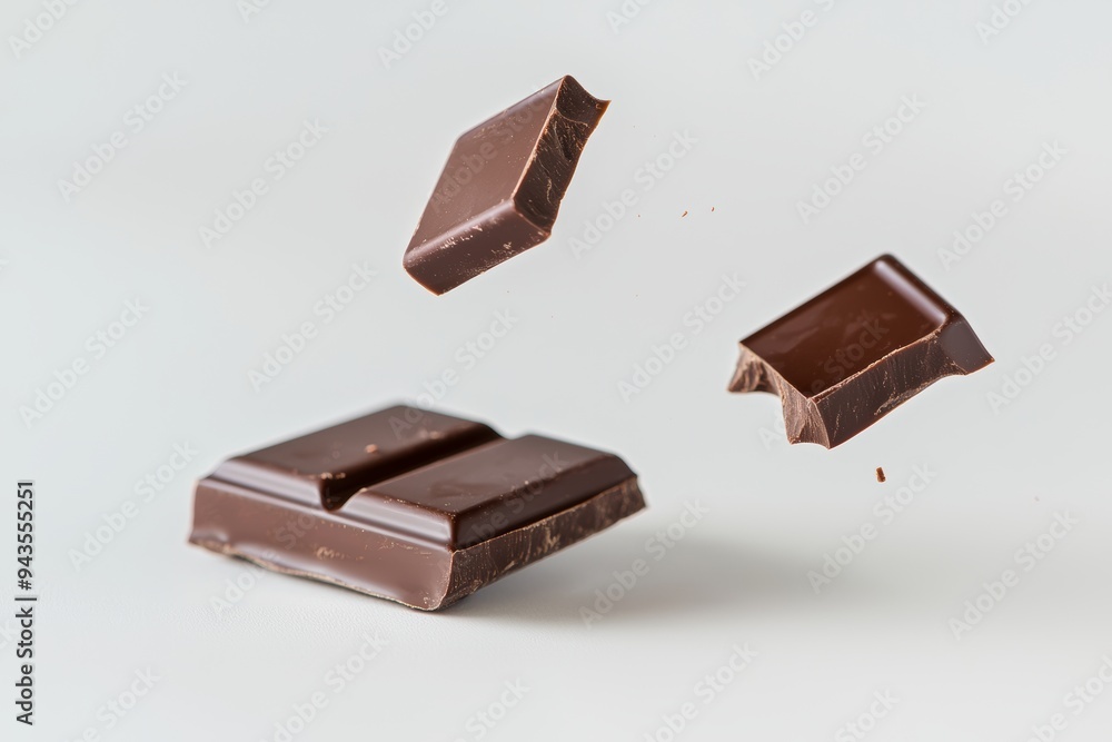 Dark chocolate bar wafer falling with chocolate flake in the air ...